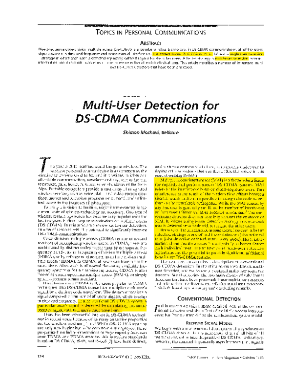 (PDF) Multi-user detection for DS-CDMA communications - IEEE Communications Magazine