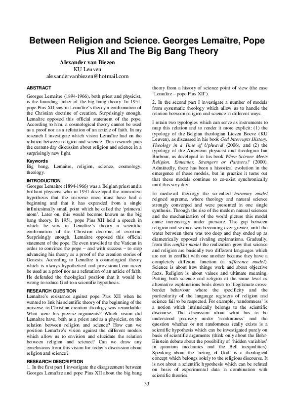 (PDF) Between Religion and Science. Georges Lemaître, Pope Pius XII and ...