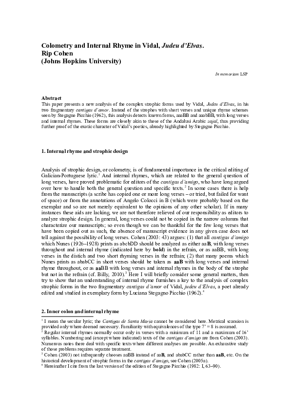 (PDF) Colometry and Internal Rhyme in Vidal, Judeu d'Elvas