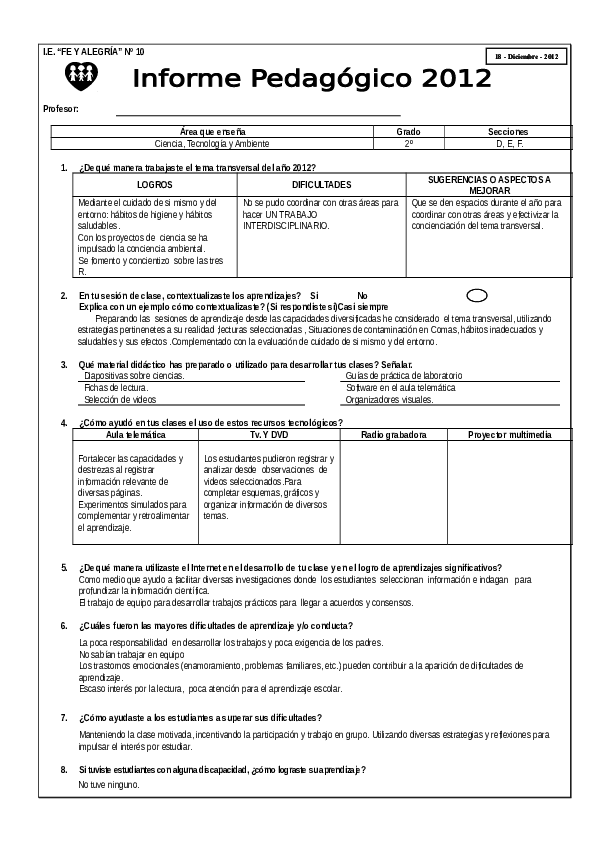 (DOC) Informe Pedagogico 2012