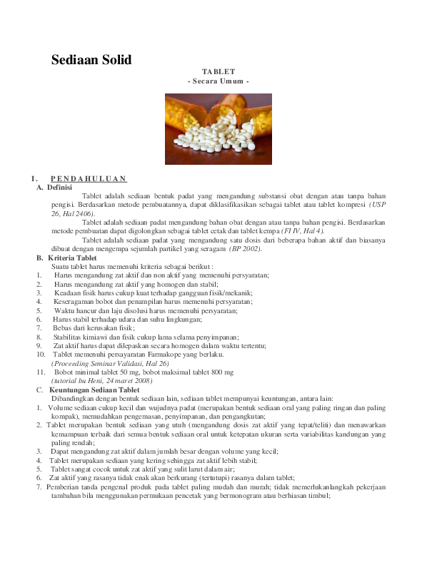 Sediaan Solid TABLET -Secara Umum