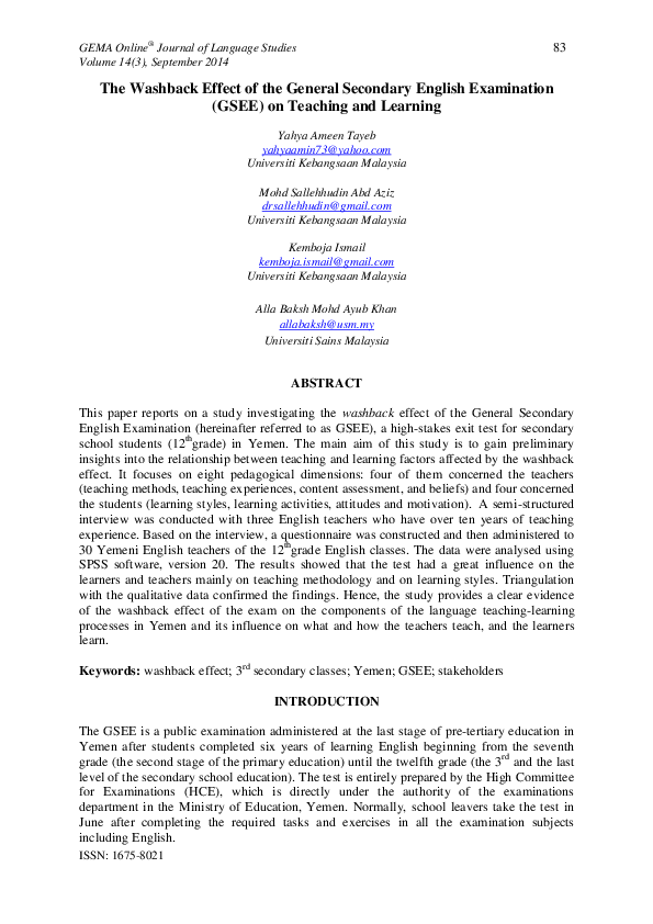 (PDF) The Washback Effect of the General Secondary English Examination ...