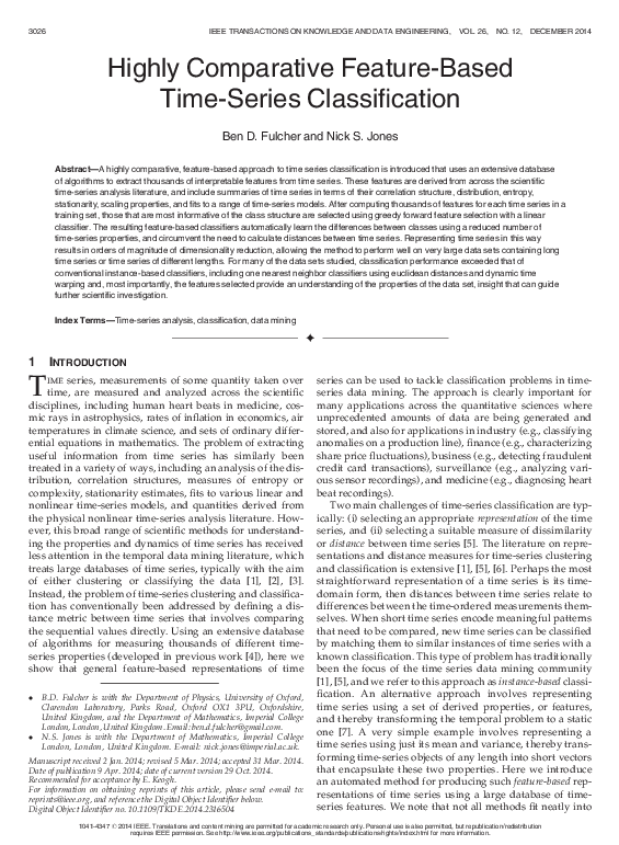 Pdf Highly Comparative Feature Based Time Series Classification