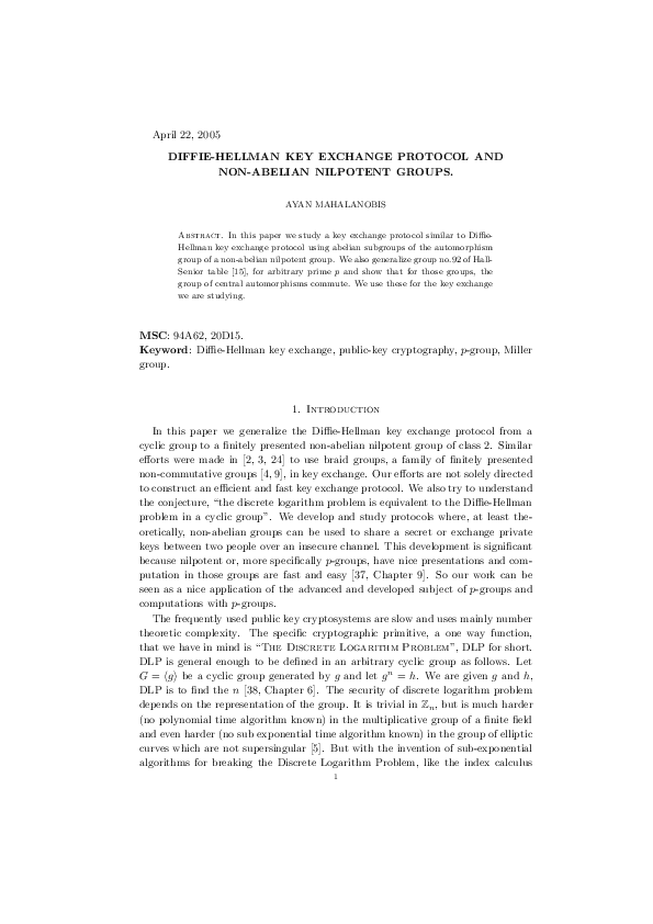 (PDF) The Diffie-Hellman Key Exchange Protocol and non-abelian ...