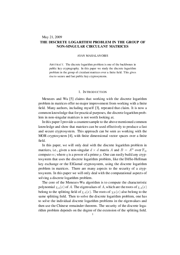 Pdf The Discrete Logarithm Problem In The Group Of Non Singular Circulant Matrices