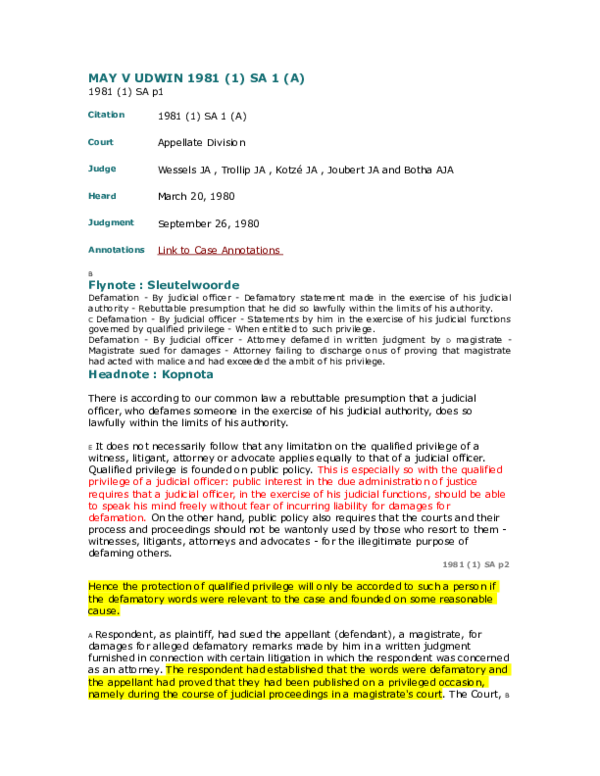 (DOC) Appellate Division Link to Case Annotations Flynote : Sleutelwoorde