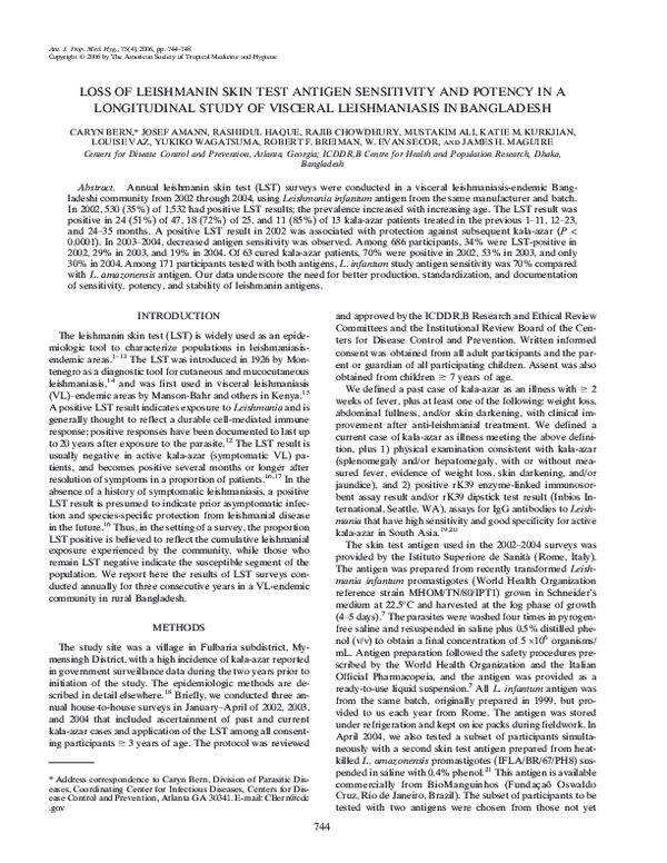 (PDF) LOSS OF LEISHMANIN SKIN TEST ANTIGEN SENSITIVITY AND POTENCY IN A ...