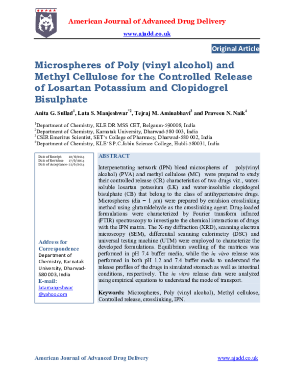 Pdf Microspheres Of Poly Vinyl Alcohol And Methyl Cellulose For The Controlled Release Of