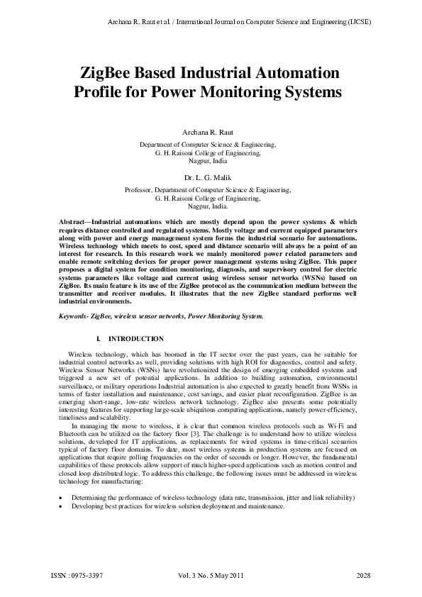 Pdf Zigbee Based Industrial Automation Profile For Power Monitoring Systems