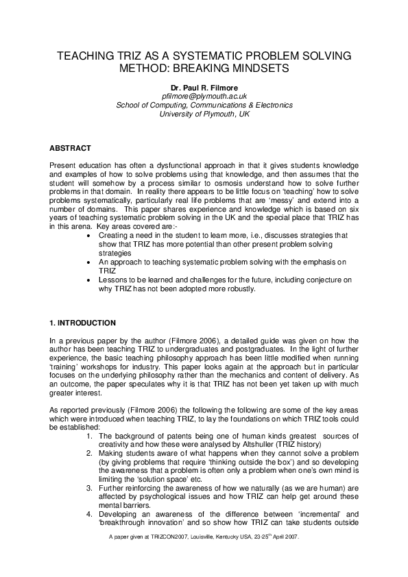 (PDF) TEACHING TRIZ AS A SYSTEMATIC PROBLEM SOLVING METHOD: BREAKING ...