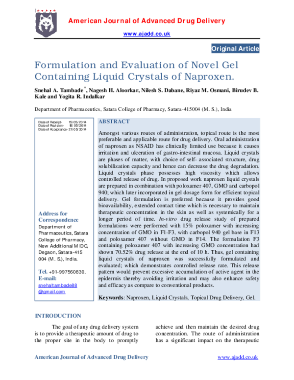 (PDF) Formulation and Evaluation of Novel Gel Containing Liquid ...