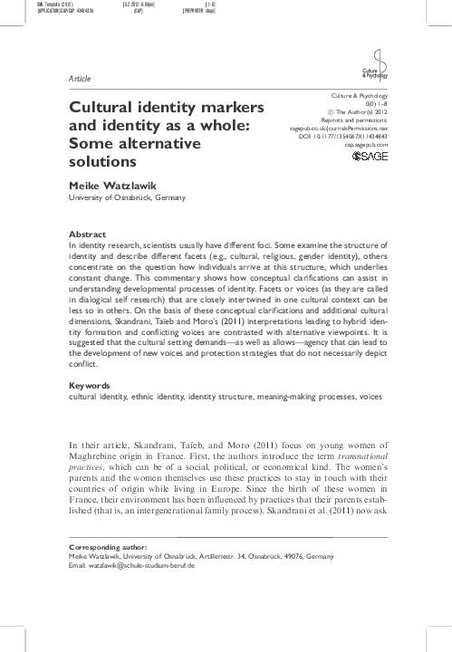 (PDF) Cultural identity markers and identity as a whole: Some ...
