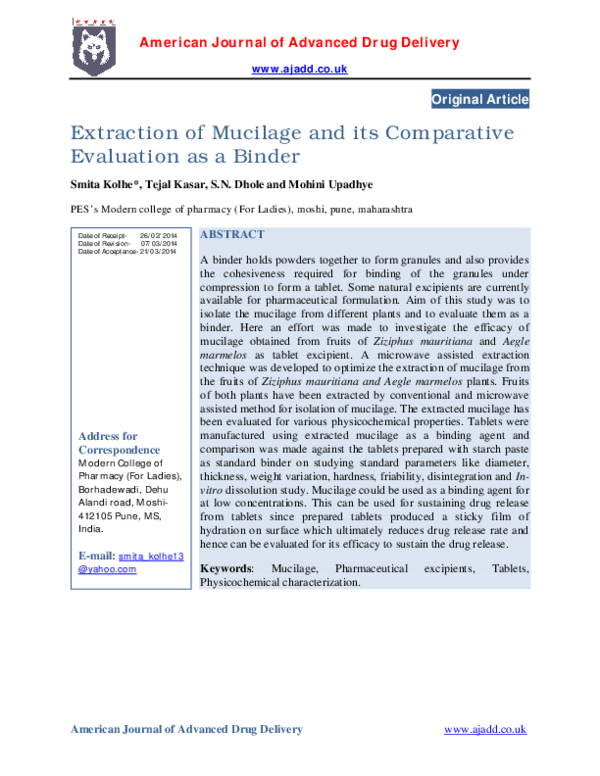 (PDF) Extraction of Mucilage and its Comparative Evaluation as a Binder