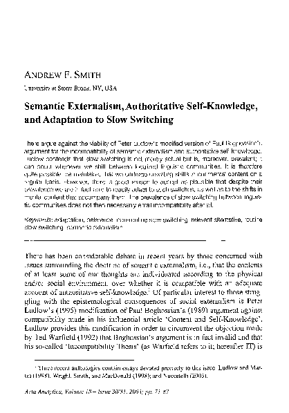 (PDF) Semantic Externalism, Authoritative Self-Knowledge, and Adaptation to Slow Switching