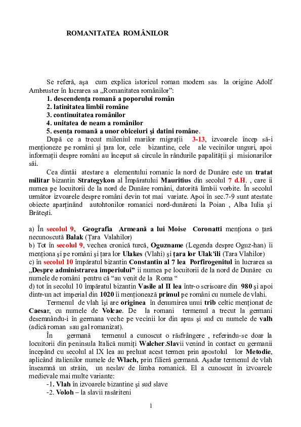 (DOC) 1 ROMANITATEA ROMANILOR