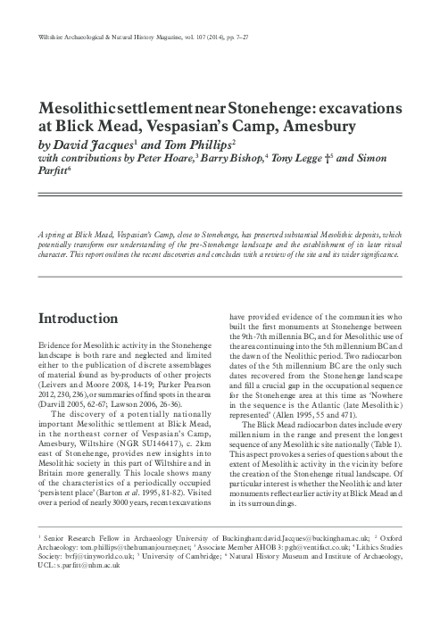 (PDF) Mesolithic settlement near Stonehenge: excavations at Blick Mead ...