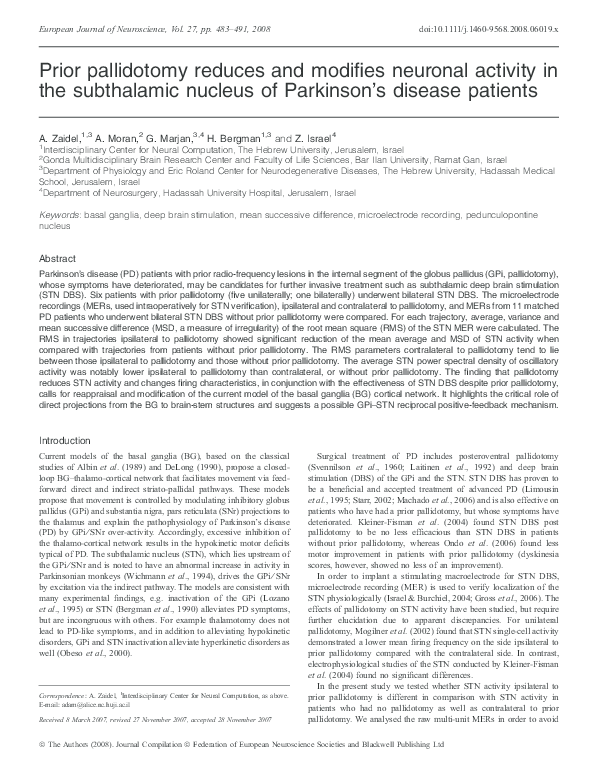 (PDF) Prior pallidotomy reduces and modifies neuronal activity in the ...