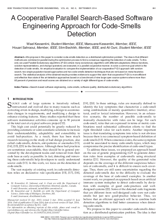 Pdf A Cooperative Parallel Search Based Software Engineering Approach For Code Smells Detection