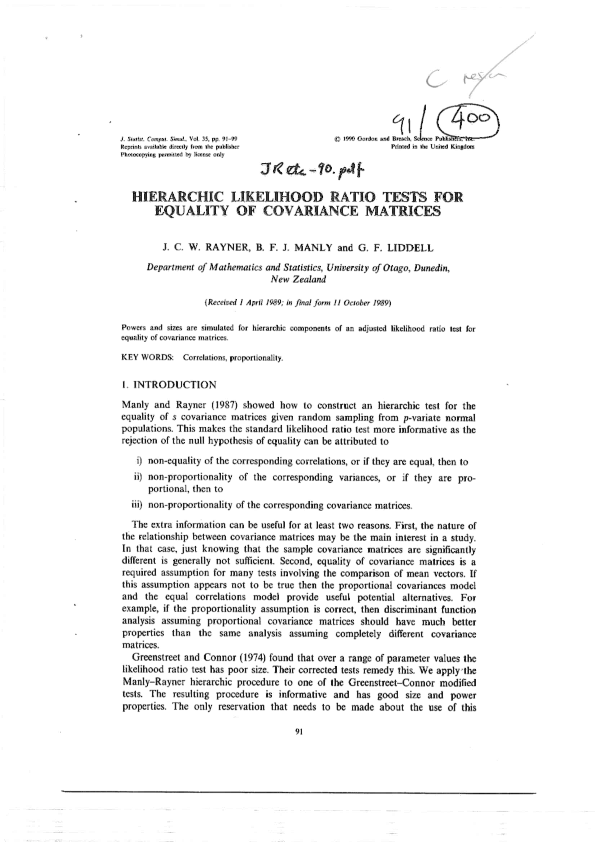 Pdf Hierarchic Likelihood Ratio Tests For Equality Of Covariance Matrices
