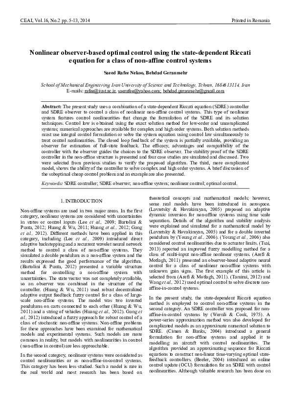 Pdf Nonlinear Observer Based Optimal Control Using The State