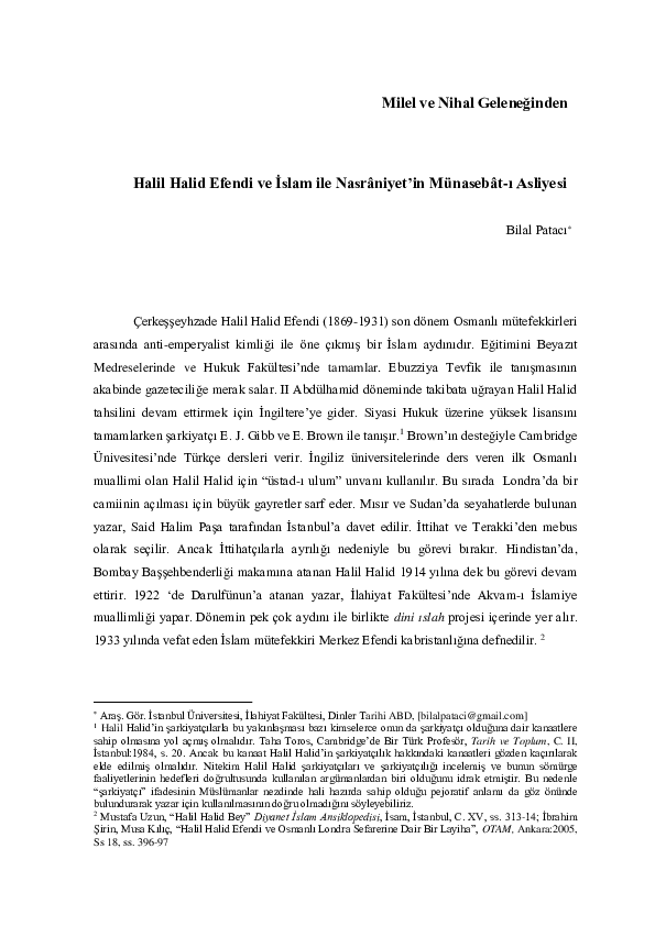 (PDF) Halil Halid Efendi ve İslam ile Nasrâniyet’in Münasebât-ı Asliyesi