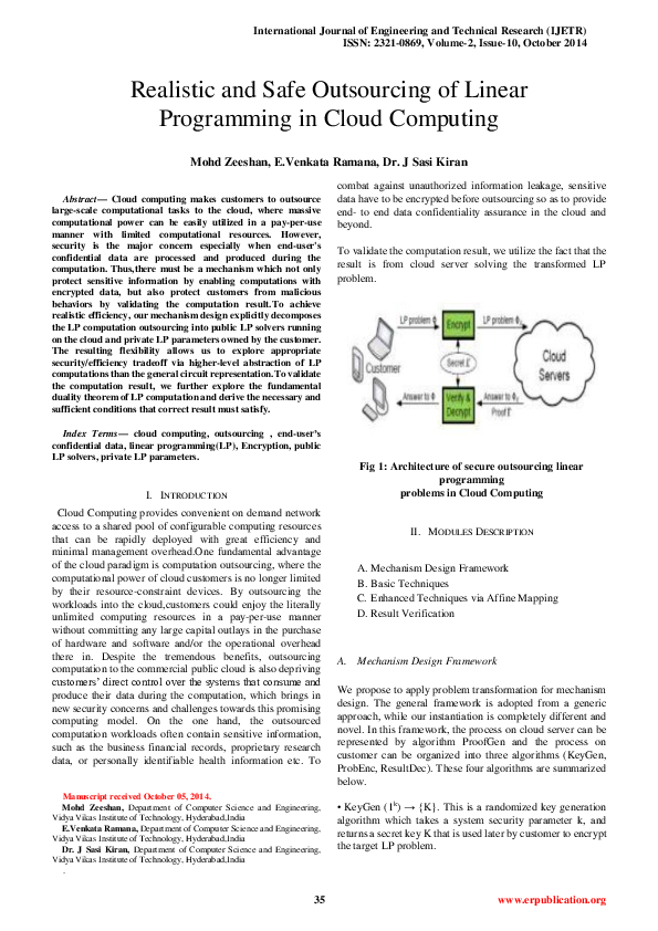 Pdf Realistic And Safe Outsourcing Of Linear Programming In Cloud