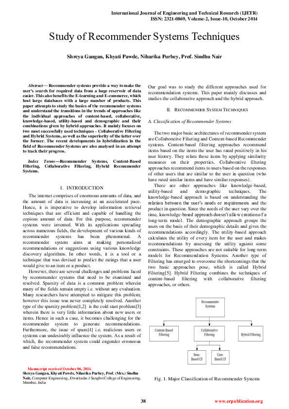 (PDF) Study of Recommender Systems Techniques