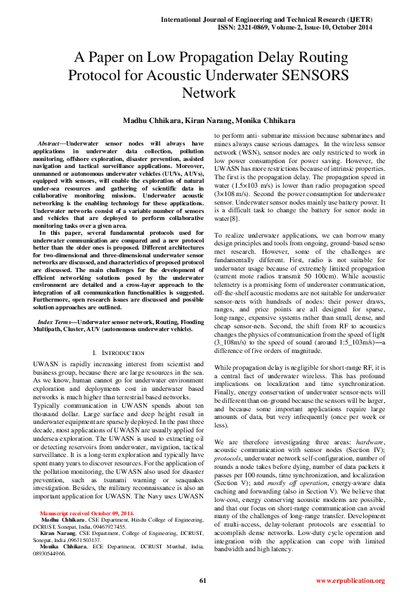 Pdf A Paper On Low Propagation Delay Routing Protocol For Acoustic