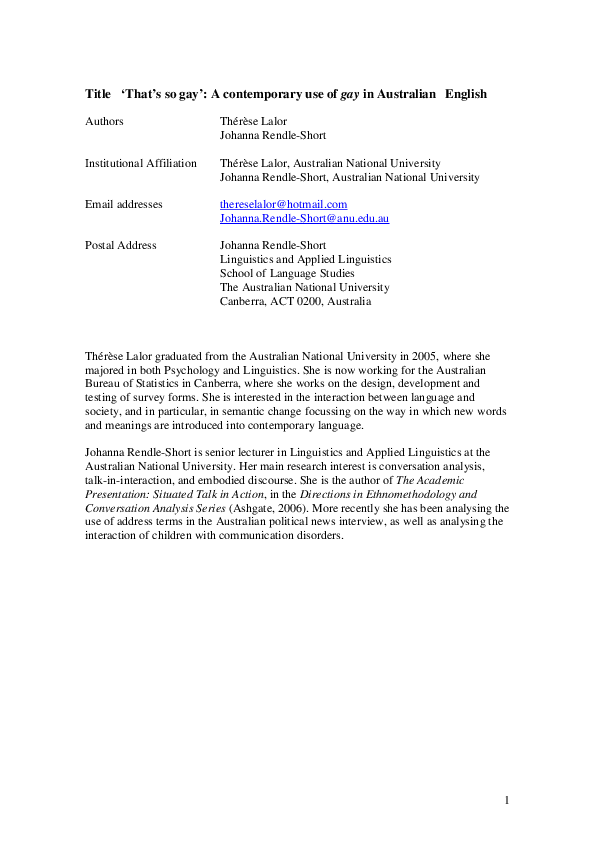 (PDF) ‘That’s so gay’: A contemporary use of gay in Australian English