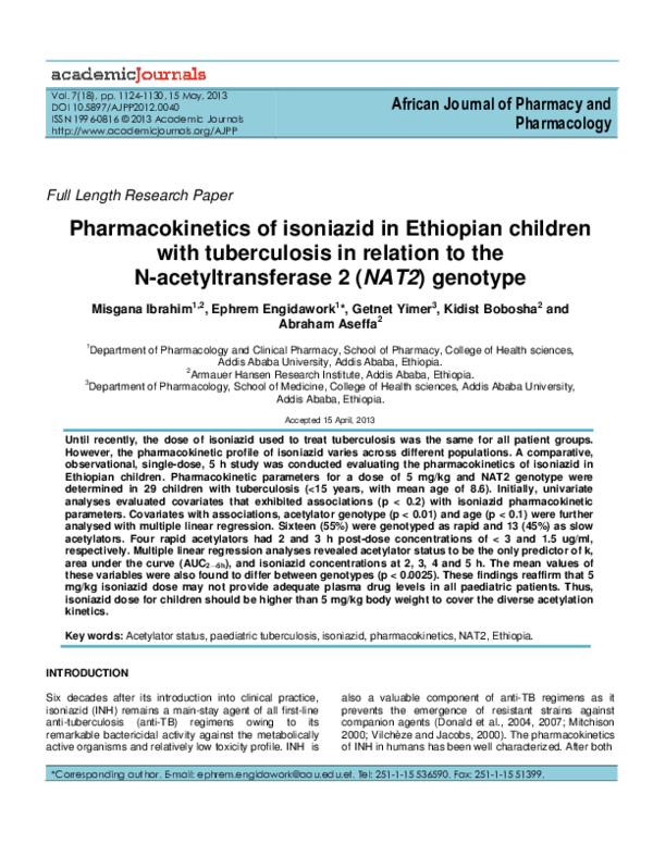 (PDF) Pharmacokinetics of isoniazid in Ethiopian children with ...