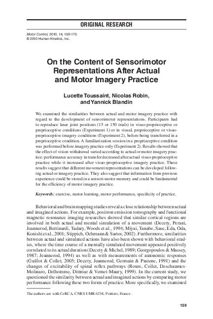 Pdf On The Content Of Sensorimotor Representations After Actual And Motor Imagery Practice