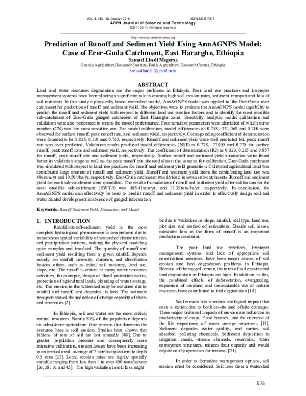 (PDF) Prediction of Runoff and Sediment Yield Using AnnAGNPS Model: Case of Erer-Guda Catchment ...