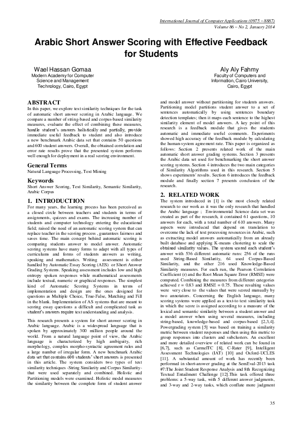 (PDF) Arabic Short Answer Scoring with Effective Feedback for Students