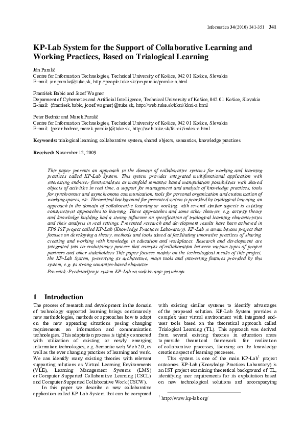 (PDF) KP-Lab System for the Support of Collaborative Learning and Working Practices, Based on ...
