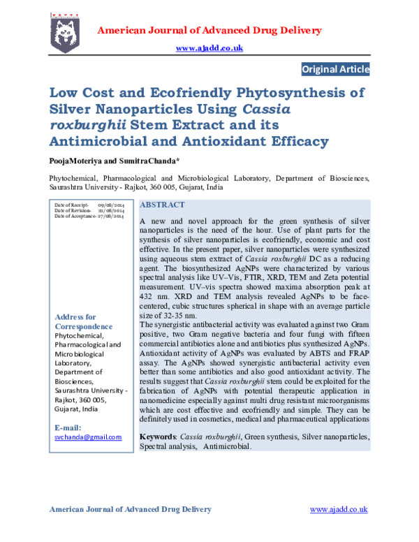 (PDF) Low Cost and Ecofriendly Phytosynthesis of Silver Nanoparticles Using Cassia roxburghii ...