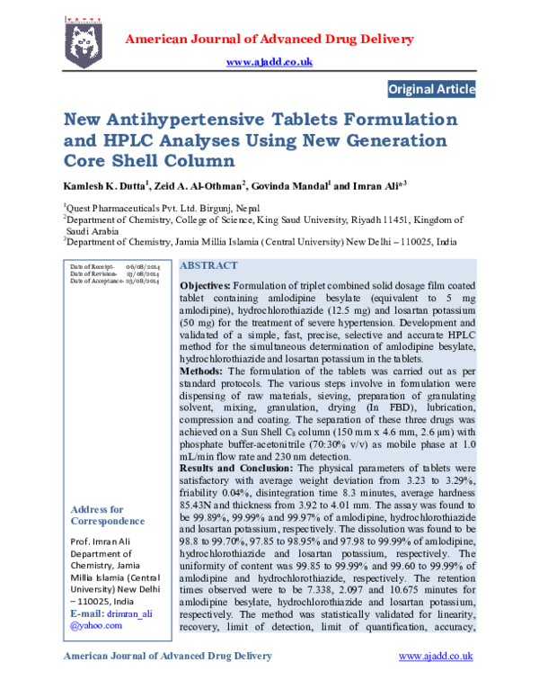 (PDF) New Antihypertensive Tablets Formulation and HPLC Analyses Using ...