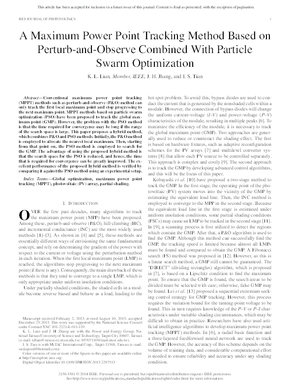 Pdf A Maximum Power Point Tracking Method Based On Perturb And Observe Combined With Particle