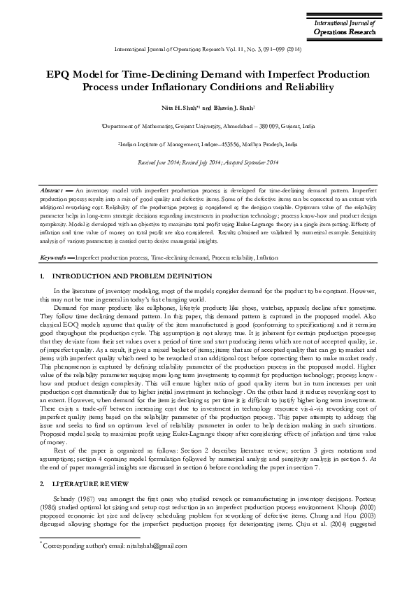 Pdf Epq Model For Time Declining Demand With Imperfect Production