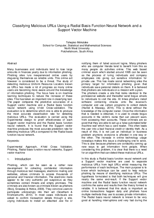(PDF) Classifying Malicious URLs Using a Radial Basis Function Neural Network and a Support ...