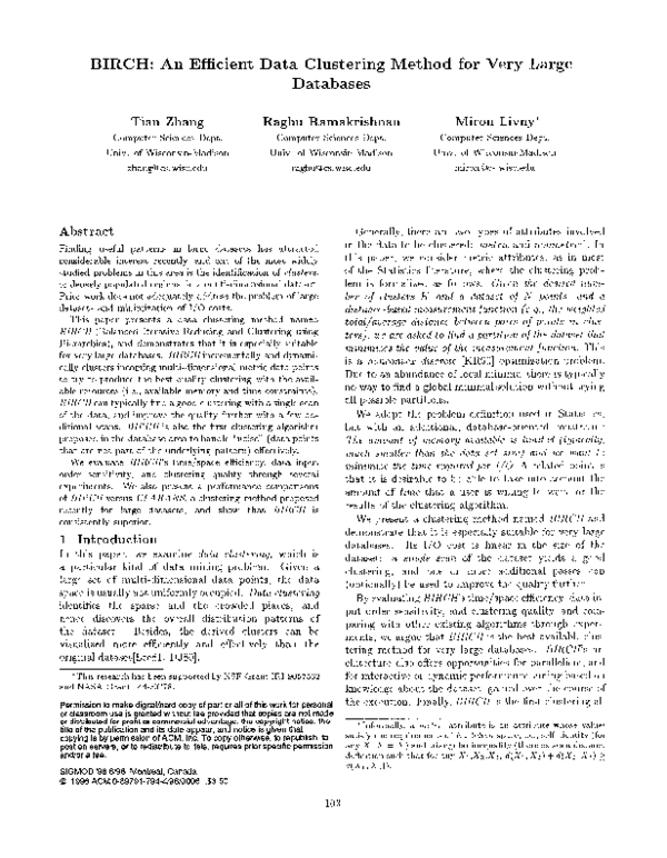 (PDF) BIRCH: an efficient data clustering method for very large databases