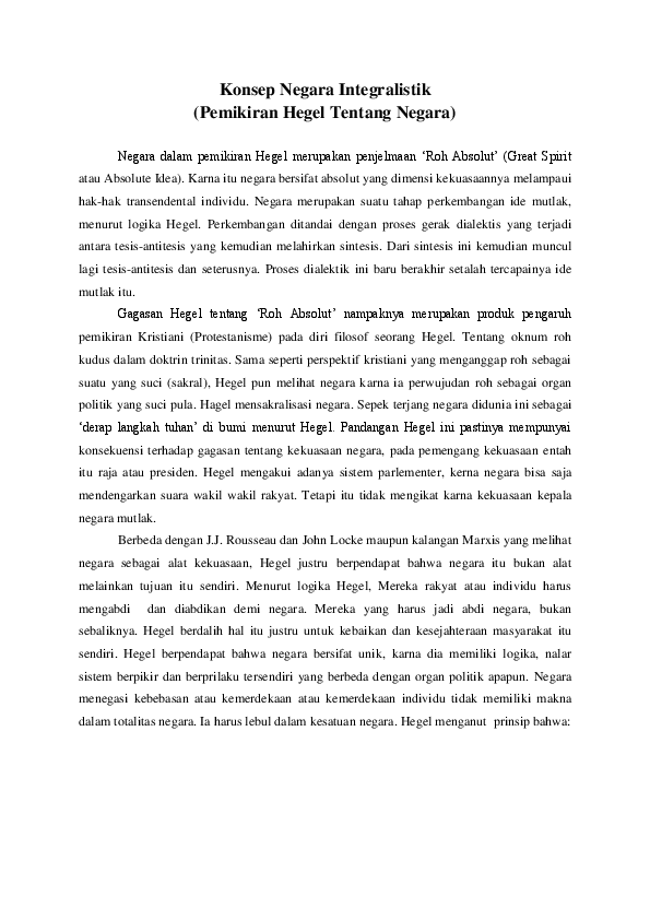 (DOC) Konsep Negara Integralistik (Pemikiran Hegel Tentang Negara