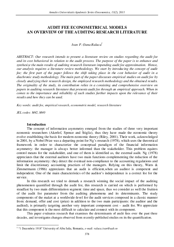 (PDF) AUDIT FEE ECONOMETRICAL MODELS AN OVERVIEW OF THE AUDITING ...