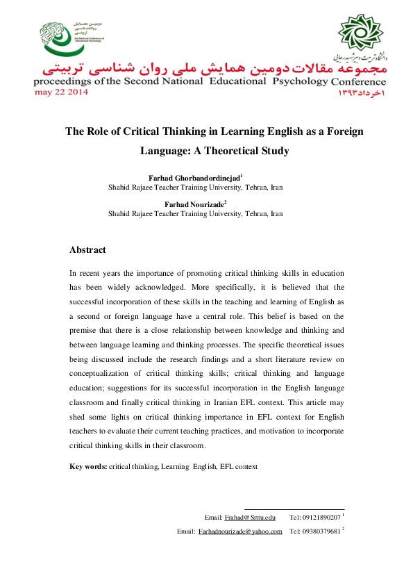 (PDF) The Role of Critical Thinking in Learning English as a Foreign Language: A Theoretical Study