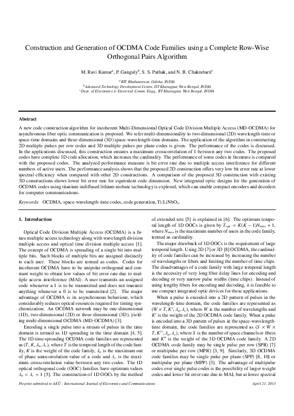 Pdf Construction And Generation Of Ocdma Code Families Using A Complete Row Wise Orthogonal