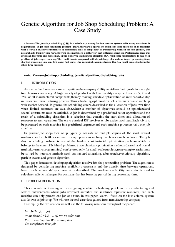 (DOC) Genetic Algorithm for Job Shop Scheduling Problem: A Case Study