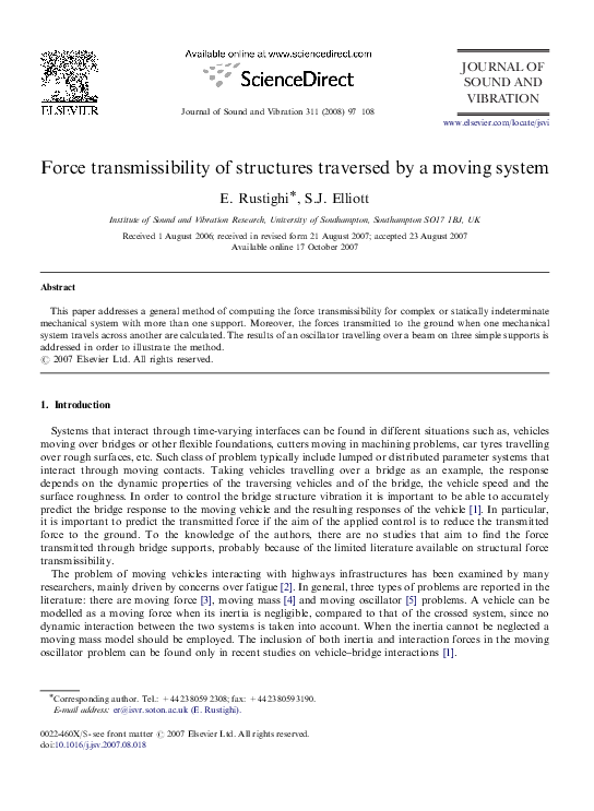 (PDF) Force transmissibility of structures traversed by a moving system