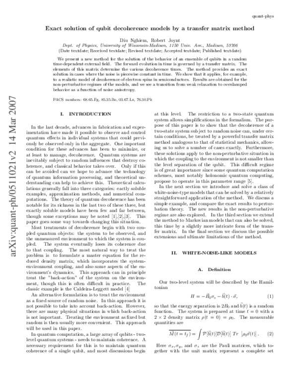 (PDF) Exact solution of qubit decoherence models by a transfer matrix method