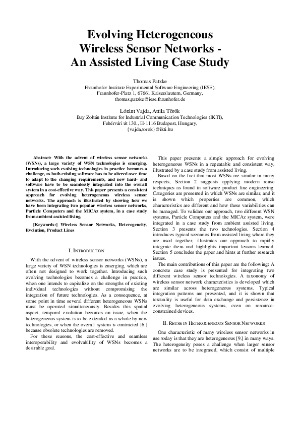 (PDF) Evolving Heterogeneous Wireless Sensor Networks - An Assisted Living Case Study | Attila ...