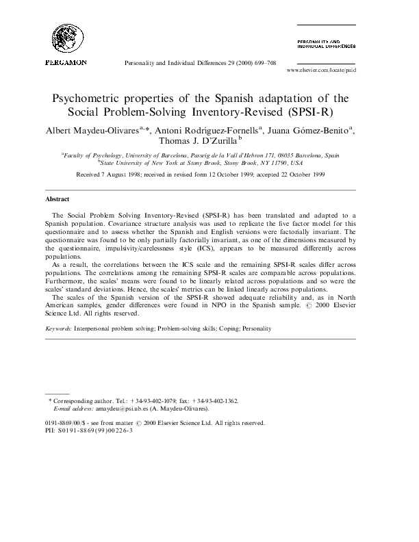 Pdf Psychometric Properties Of The Spanish Adaptation Of The Social Problem Solving Inventory