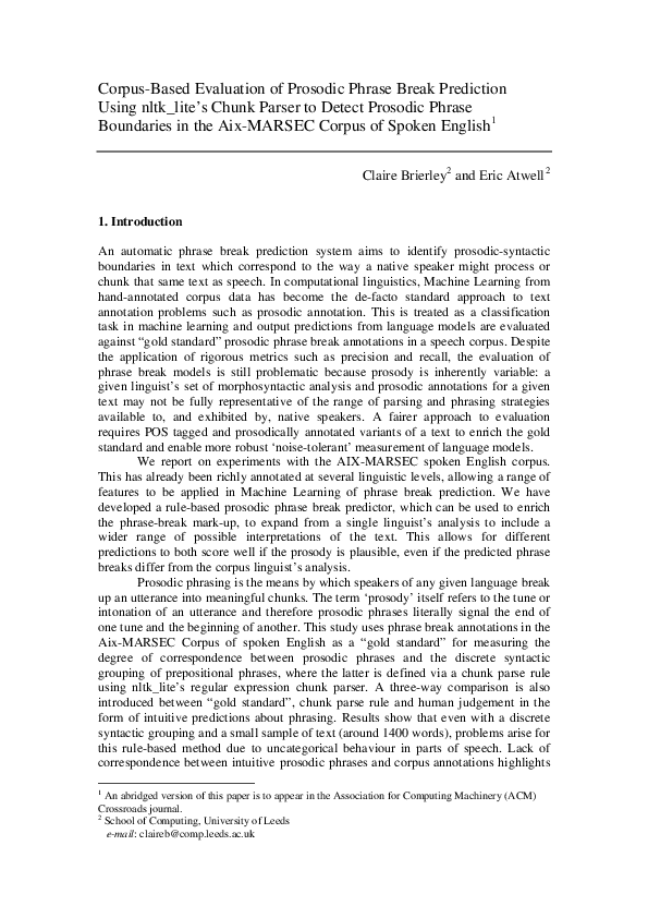 (PDF) Corpus-Based Evaluation of Prosodic Phrase Break Prediction Using nltk_lite’s Chunk Parser ...